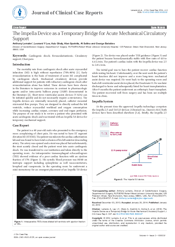 (PDF) The Impella Device as a Temporary Bridge for Acute Mechanical Circulatory Support