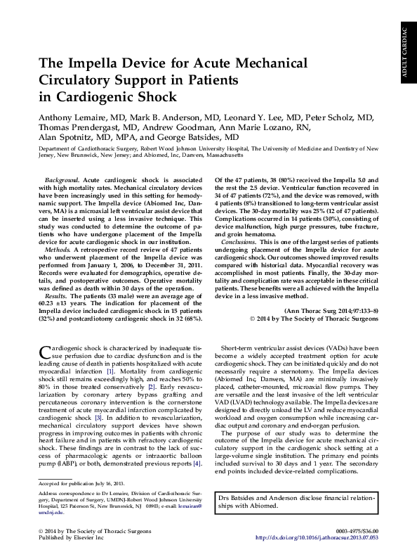 (PDF) The Impella Device for Acute Mechanical Circulatory Support in ...