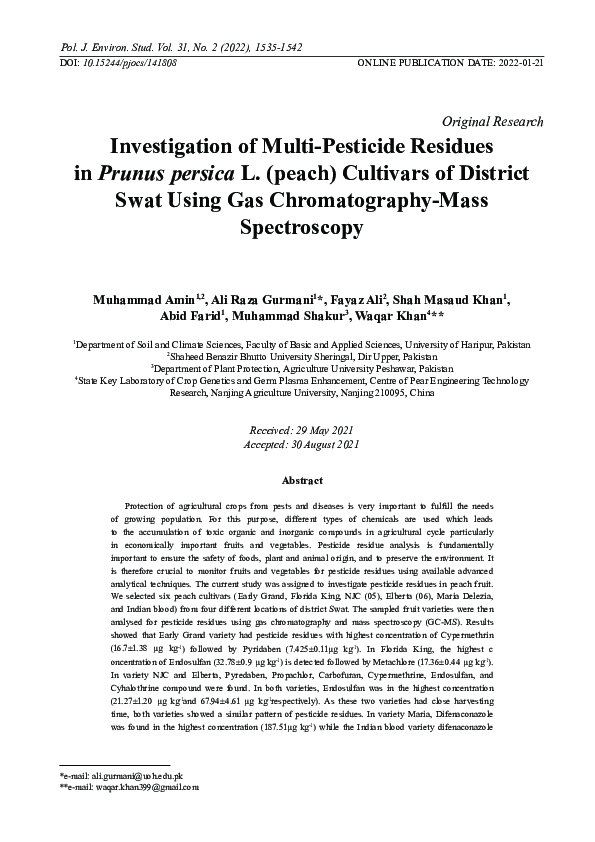(PDF) Investigation of Multi-Pesticide Residues in Prunus persica L. (peach) Cultivars of ...