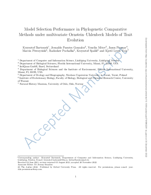 Pdf Model Selection Performance In Phylogenetic Comparative Methods