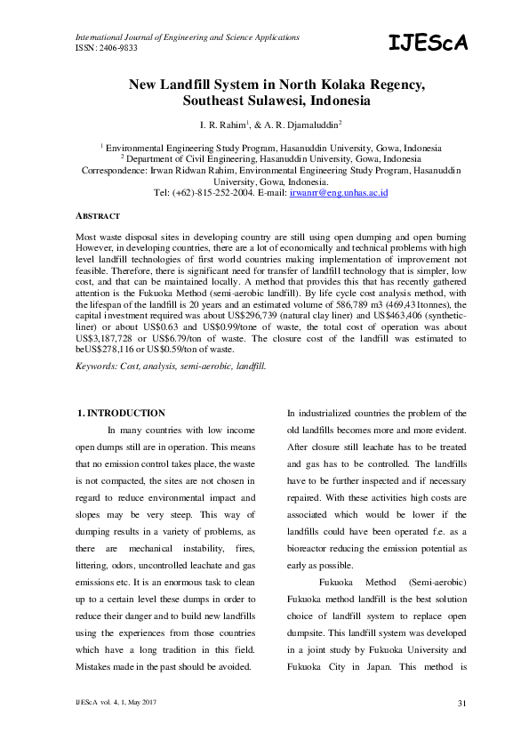 (PDF) New Landfill System in North Kolaka Regency, Southeast Sulawesi ...