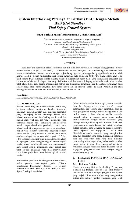 (PDF) Sistem Interlocking Persinyalan Berbasis PLC Dengan Metode HSB (Hot Standby) Vital Safety ...