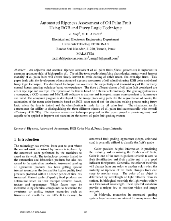 (PDF) Automated ripeness assessment of oil palm fruit using RGB and fuzzy logic technique