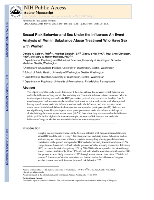 Pdf Sexual Risk Behavior And Sex Under The Influence An Event