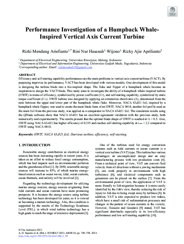 Pdf Performance Investigation Of A Humpback Whale Inspired Vertical Axis Current Turbine