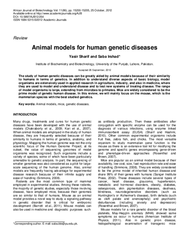 (PDF) Animal models for human genetic diseases
