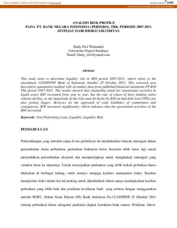 (PDF) Analisis Risk Profile Pada Pt. Bank Negara Indonesia (Persero ...