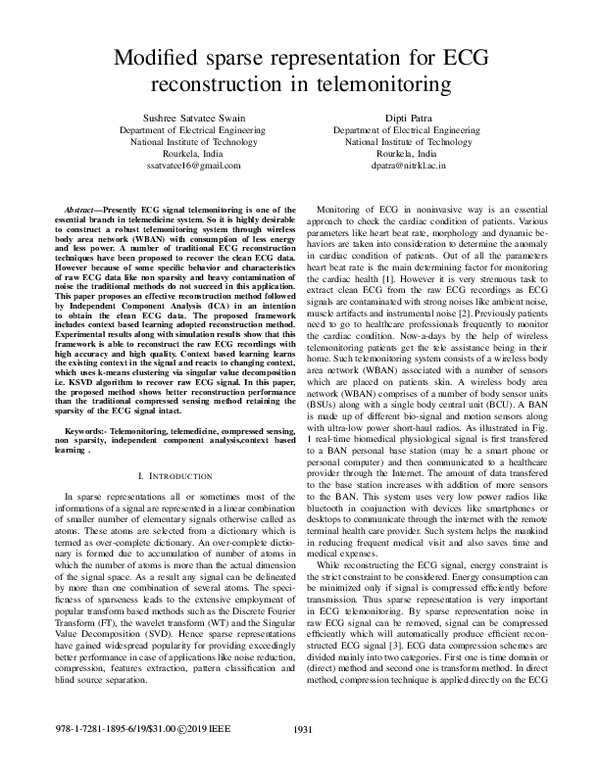 (PDF) Modified sparse representation for ECG reconstruction in telemonitoring | Sushree Satvatee ...