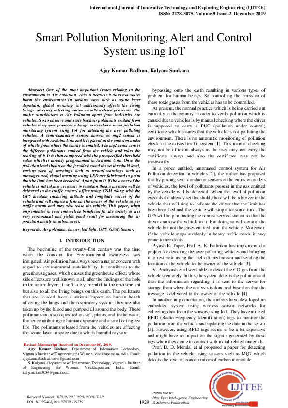 Pdf Smart Pollution Monitoring Alert And Control System Using Iot Ajay Kumar Badhan 