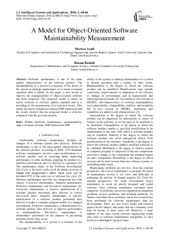 Pdf A Model For Object Oriented Software Maintainability Measurement
