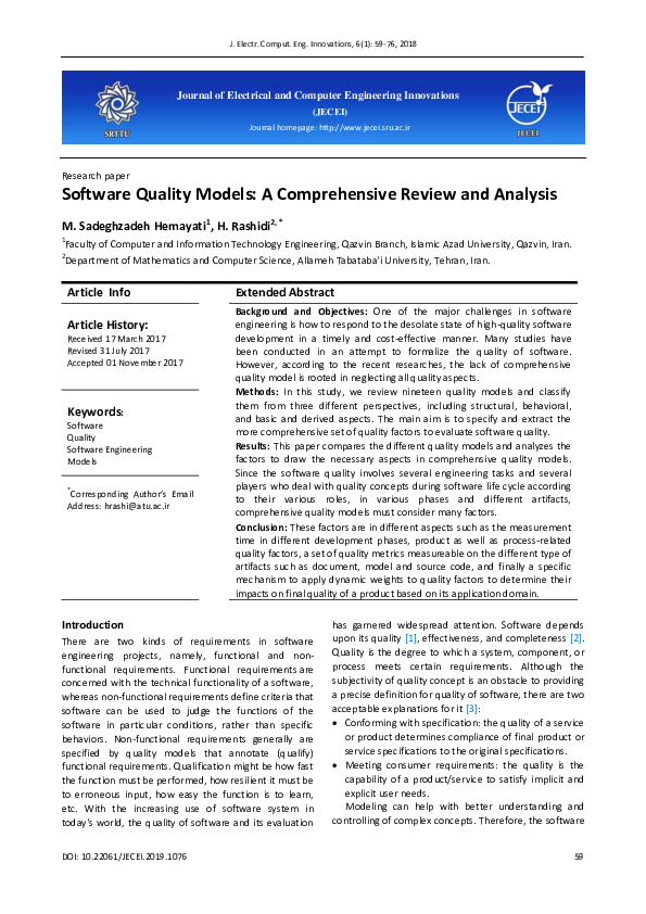(PDF) Software Quality Models: A Comprehensive Review and Analysis