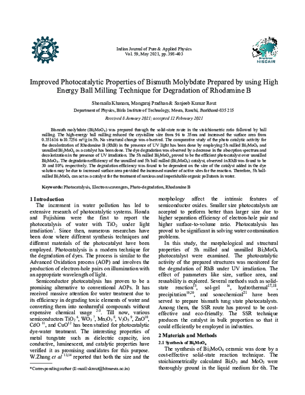 (PDF) Improved Photocatalytic Properties of Bismuth Molybdate Prepared ...