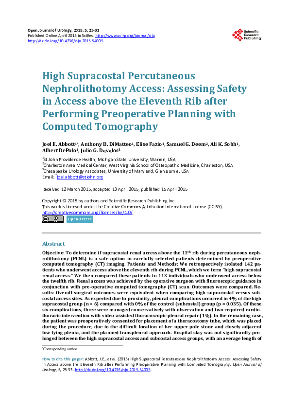 (PDF) High Supracostal Percutaneous Nephrolithotomy Access: Assessing ...