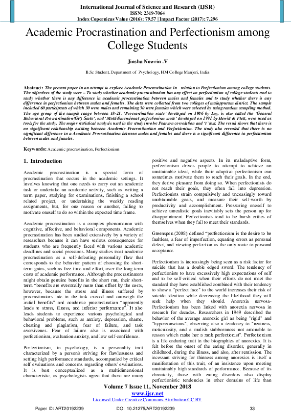 (PDF) Academic Procrastination and Perfectionism among College Students