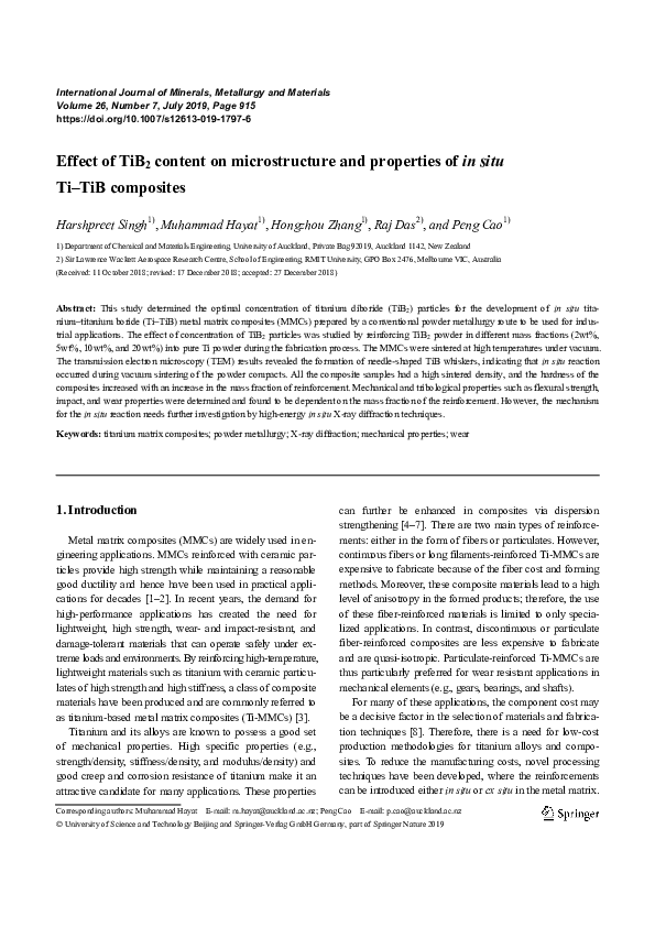 Pdf Effect Of Tib2 Content On Microstructure And Properties Of In Situ Ti Tib Composites