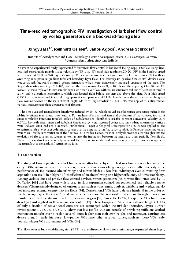 (PDF) Time-resolved tomographic PIV investigation of turbulent flow control by vortex generators ...