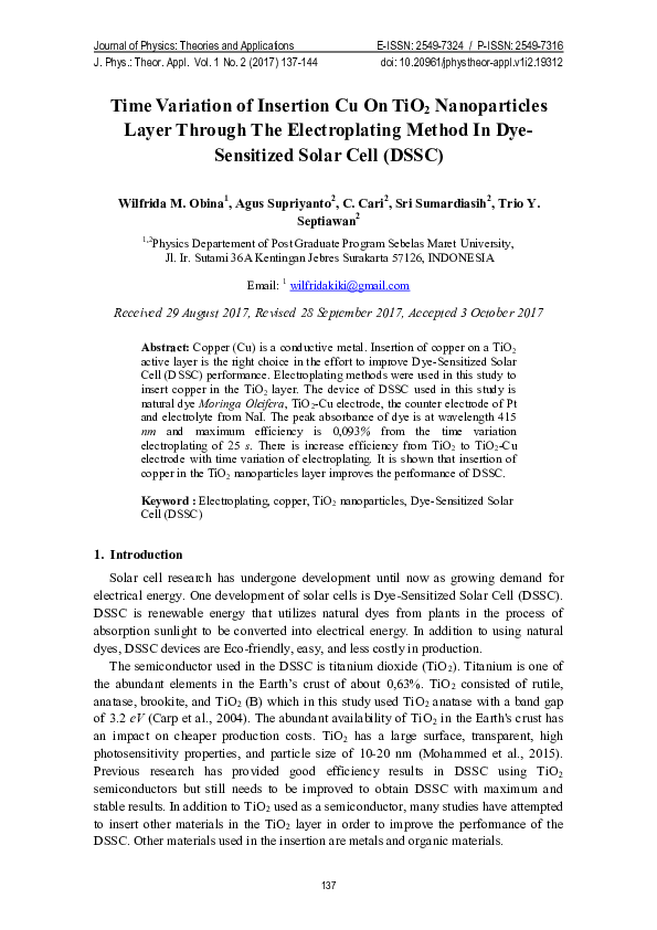 (PDF) Time Variation of Insertion Cu On TiO2 Nanoparticles Layer ...
