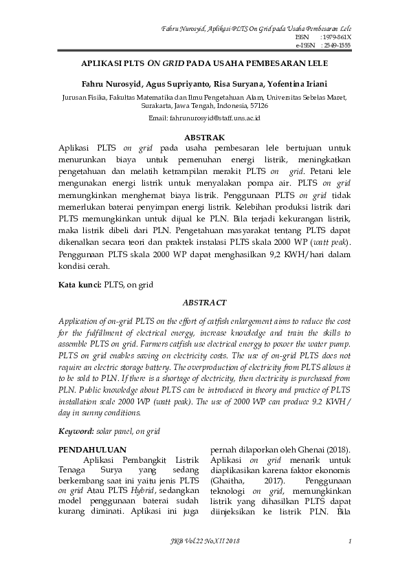 (PDF) Aplikasi PLTS on Grid Pada Usaha Pembesaran Lele | Agus Supriyanto - Academia.edu