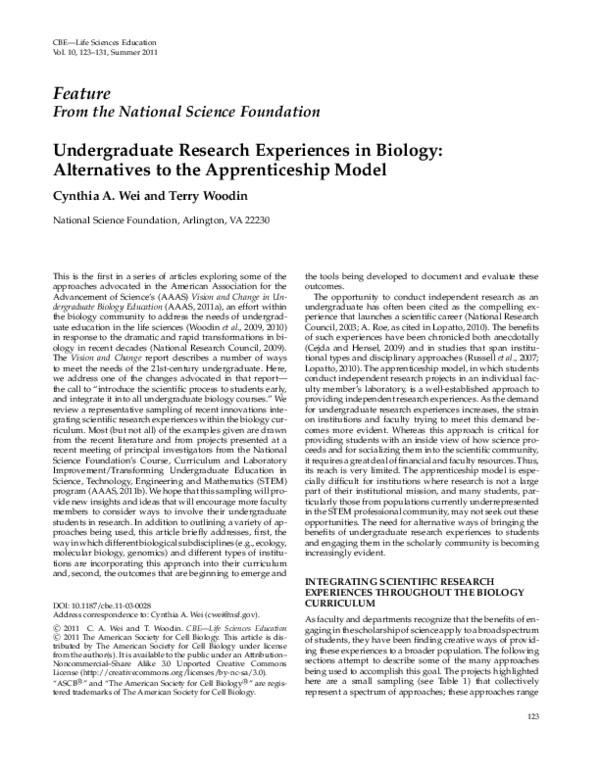 (PDF) Undergraduate Research Experiences in Biology: Alternatives to the Apprenticeship Model