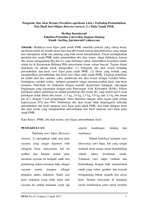 (PDF) Pengaruh Abu Akar Resam (Pteridium aquilinum Linn.) Terhadap Pertumbuhan Dan Hasil Sawi ...