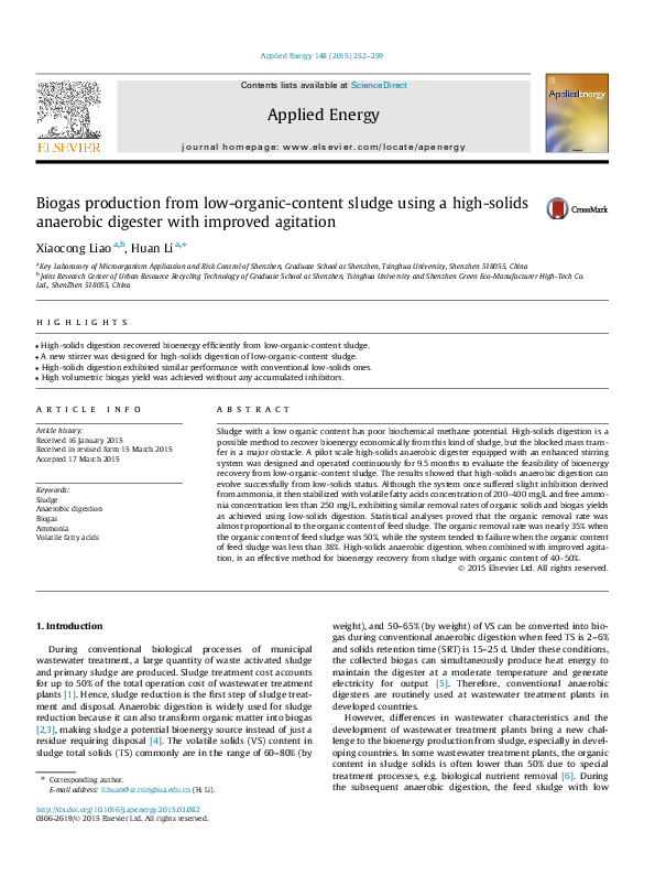 (PDF) Biogas production from low-organic-content sludge using a high ...