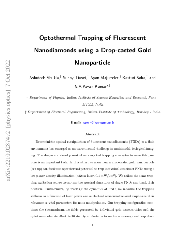 (PDF) Optothermal Trapping of Fluorescent Nanodiamonds using a Drop ...