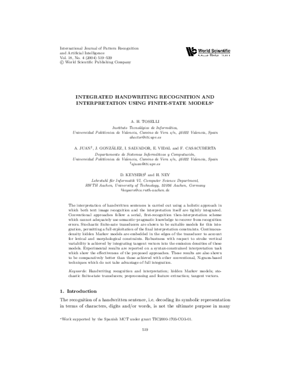 (PDF) Integrated handwriting recognition and interpretation using ...