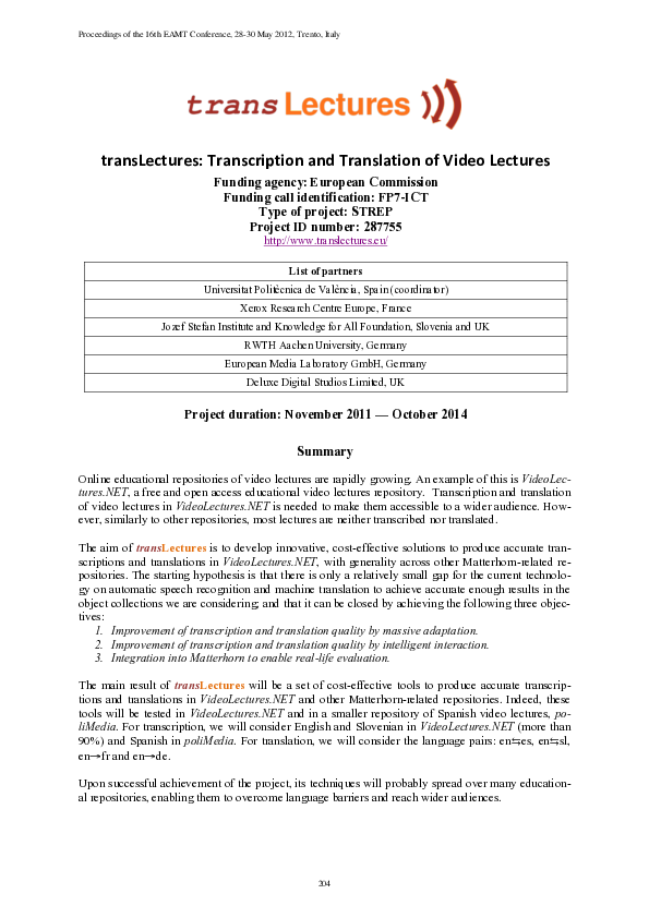 (PDF) transLectures: Transcription and Translation of Video Lectures