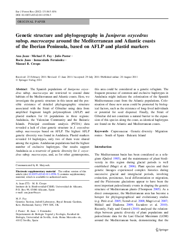 (PDF) Genetic structure and phylogeography in Juniperus oxycedrus subsp ...