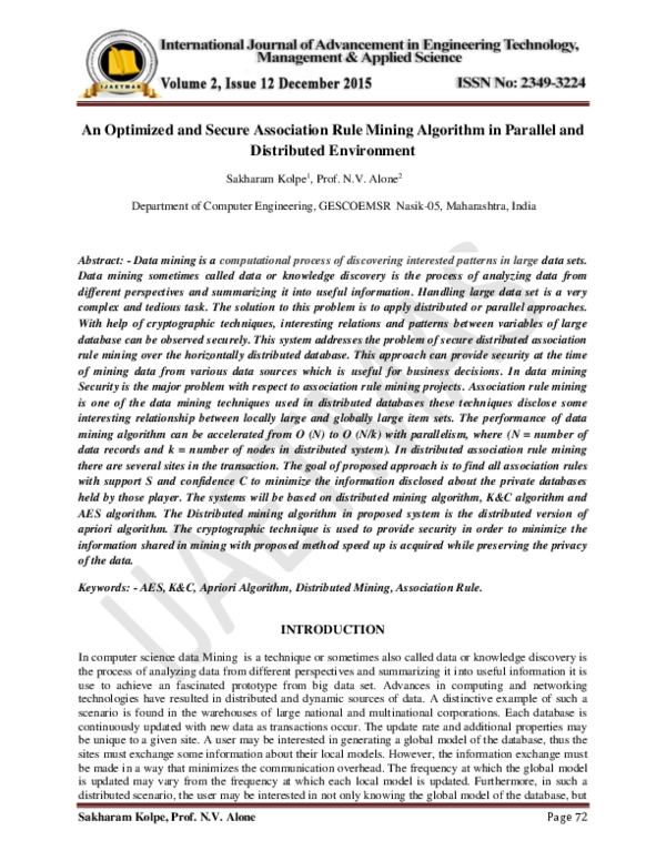 (PDF) An Optimized and Secure Association Rule Mining Algorithm in Parallel and Distributed ...