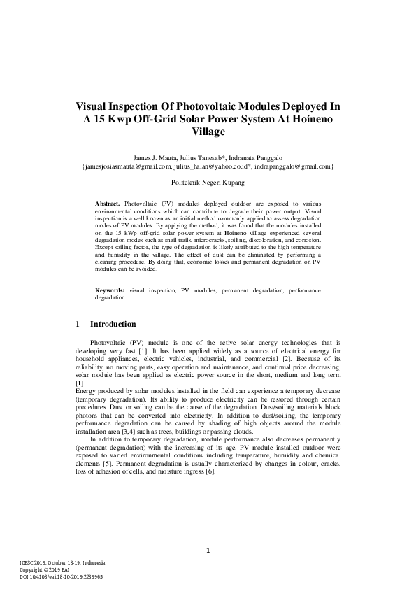 Visual Inspection Of Photovoltaic Modules Deployed In A 15 Kwp Off-Grid ...