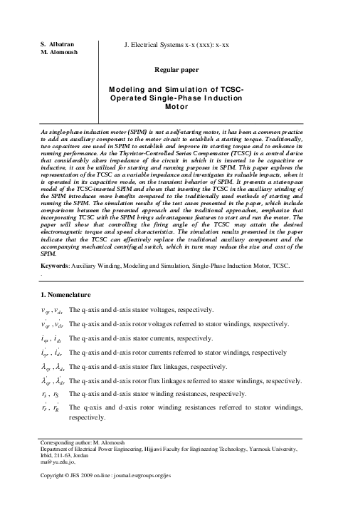 (PDF) Modeling and Simulation of TCSC- Operated Single-Phase Induction Motor