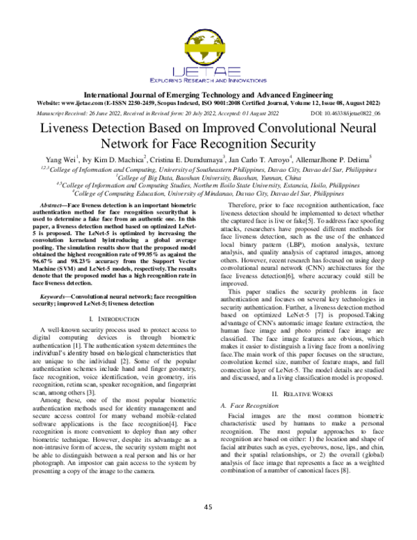 Pdf Liveness Detection Based On Improved Convolutional Neural Network For Face Recognition