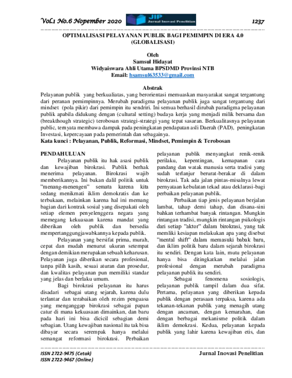 (PDF) Optimalisasi Pelayanan Publik Bagi Pemimpin DI Era 4.0 (Globalisasi)