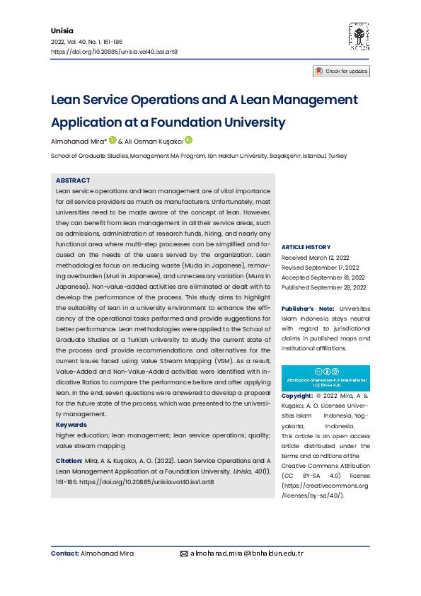 (PDF) Lean Service Operations and A Lean Management Application at a Foundation University