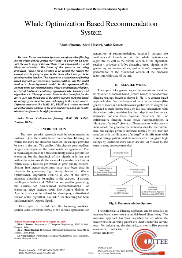 (PDF) Whale Optimization Based Recommendation System