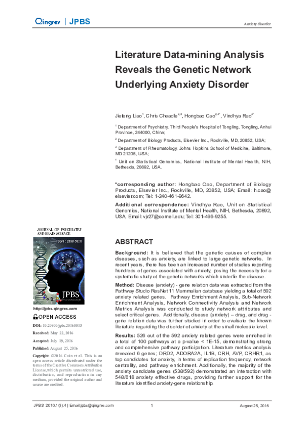 (PDF) The genetic network underlying anxiety disorder and its small ...