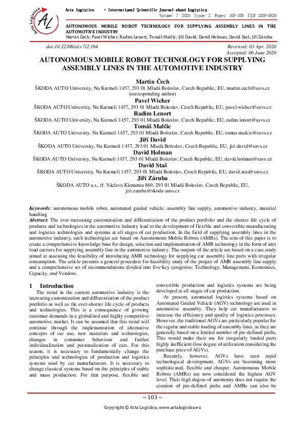 (PDF) Autonomous Mobile Robot Technology for Supplying Assembly Lines in the Automotive Industry