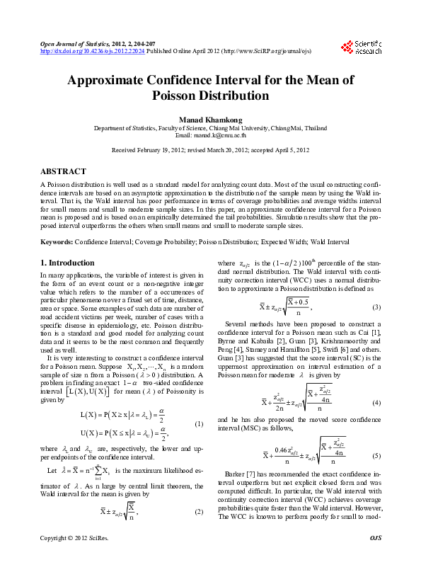 (PDF) Approximate Confidence Interval for the Mean of Poisson Distribution | Manad Khamkong ...