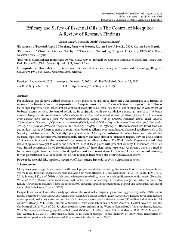 (PDF) Efficacy and Safety of Essential Oils in The Control of Mosquito ...