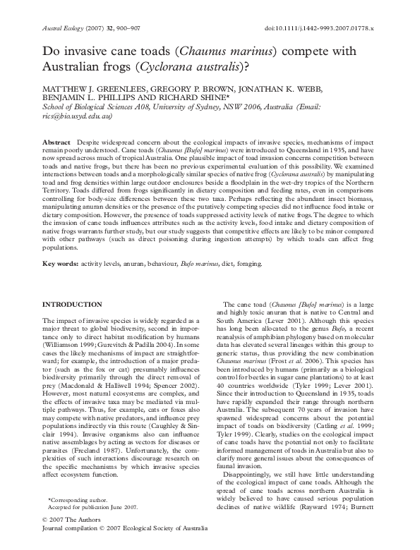 (PDF) Do invasive cane toads (Chaunus marinus) compete with Australian ...
