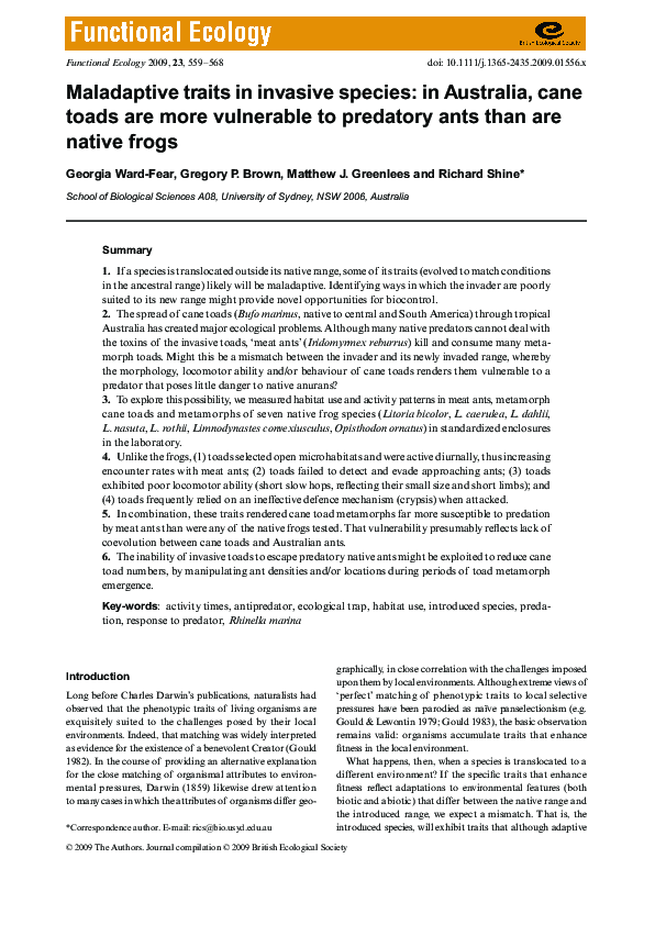 (PDF) Maladaptive traits in invasive species: in Australia, cane toads ...