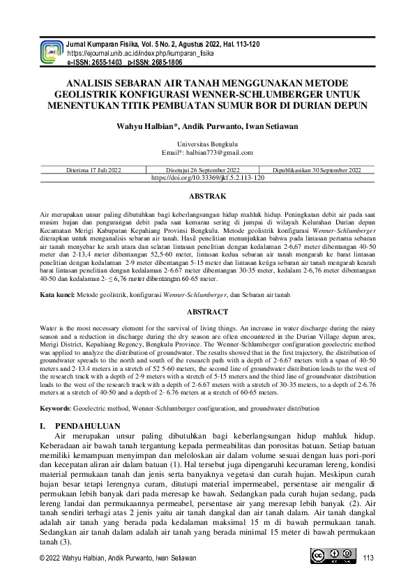 (PDF) Analisis Sebaran Air Tanah Menggunakan Metode Geolistrik Konfigurasi Wenner-Schlumberger ...
