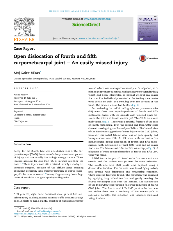 (PDF) Open dislocation of fourth and fifth carpometacarpal joint – An ...
