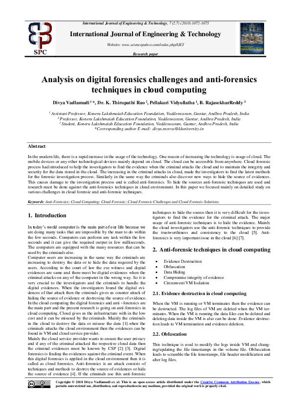 (PDF) Analysis on digital forensics challenges and anti-forensics techniques in cloud computing