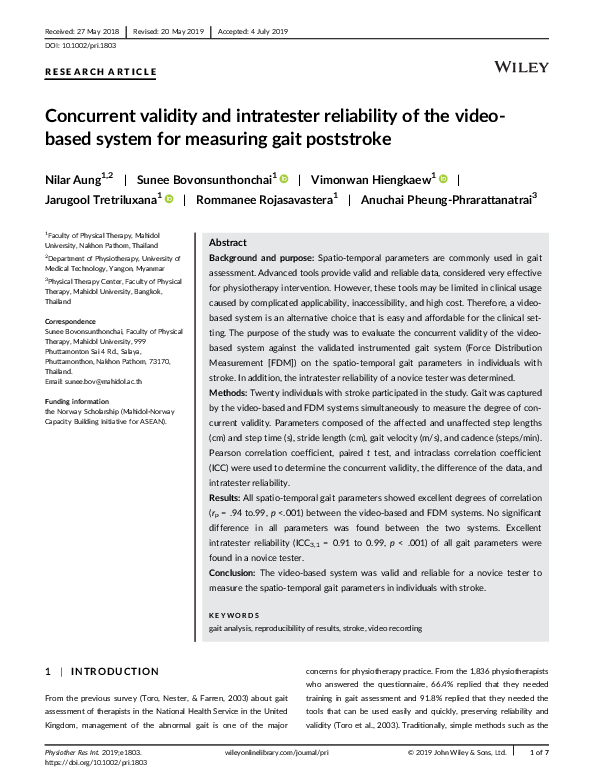 Pdf Concurrent Validity And Intratester Reliability Of The Video‐based System For Measuring