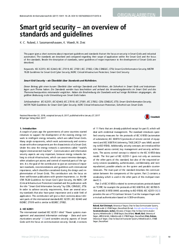 (PDF) Smart grid security – an overview of standards and guidelines