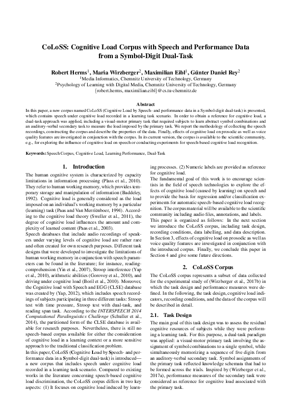 (PDF) CoLoSS: Cognitive Load Corpus with Speech and Performance Data from a Symbol-Digit Dual-Task
