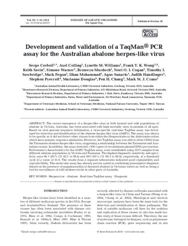 (PDF) Development and validation of a TaqMan® PCR assay for the Australian abalone herpes-like virus