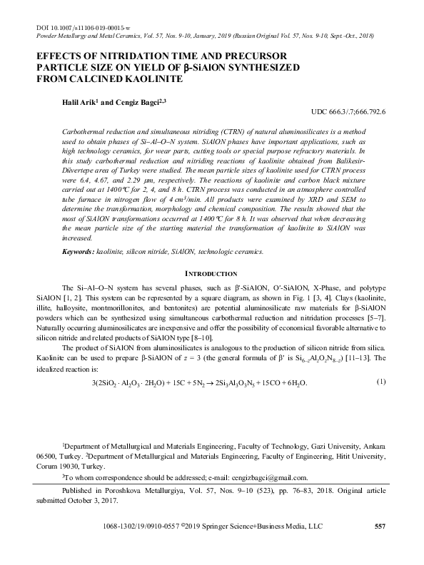 (PDF) Effects of Nitridation Time and Precursor Particle Size on Yield ...